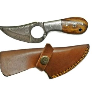 Titan International Knives New Damascus Small Skinner Fixed Blade Knife with wooden Handle Perfect EDC Hunting knife | outdoors and camping gear | 3 inch blade with Leather Sheath