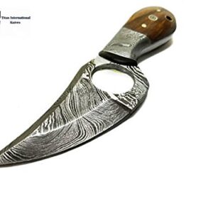 Titan International Knives New Damascus Small Skinner Fixed Blade Knife with wooden Handle Perfect EDC Hunting knife | outdoors and camping gear | 3 inch blade with Leather Sheath