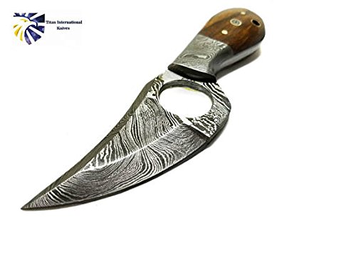 Titan International Knives New Damascus Small Skinner Fixed Blade Knife with wooden Handle Perfect EDC Hunting knife | outdoors and camping gear | 3 inch blade with Leather Sheath