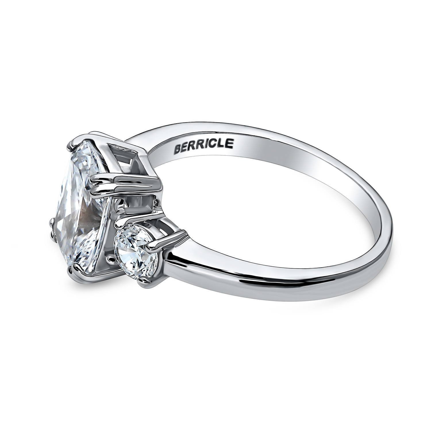 BERRICLE Sterling Silver 3-Stone Wedding Engagement Rings Cushion Cut Cubic Zirconia CZ Promise Ring for Women, Rhodium Plated Size 8