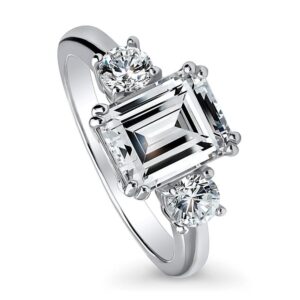 berricle sterling silver 3-stone wedding engagement rings emerald cut cubic zirconia cz promise ring for women, rhodium plated size 5.5