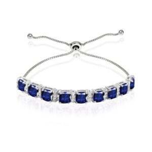 b. brilliant sterling silver created blue sapphire & white topaz cushion-cut adjustable tennis style bolo bracelet for women