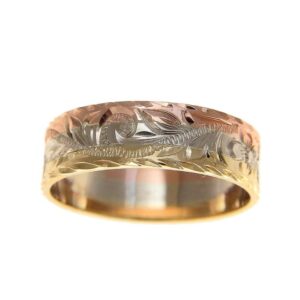 Arthur's Jewelry 14k yellow white rose tricolor gold hand engraved Hawaiian plumeria scroll 6mm ring size 9