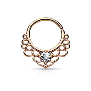 covet jewelry cz lotus filigree all brass bendable septum/cartilage rings (rose gold/clear)