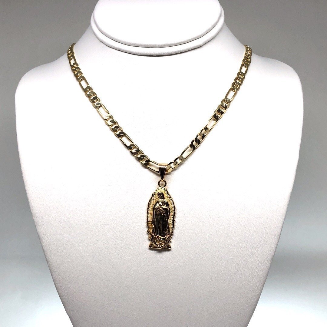 Gold Plated Virgin Mary Pendant Necklace Figaro 26" Virgen de Guadalupe Medalla Oro Laminado