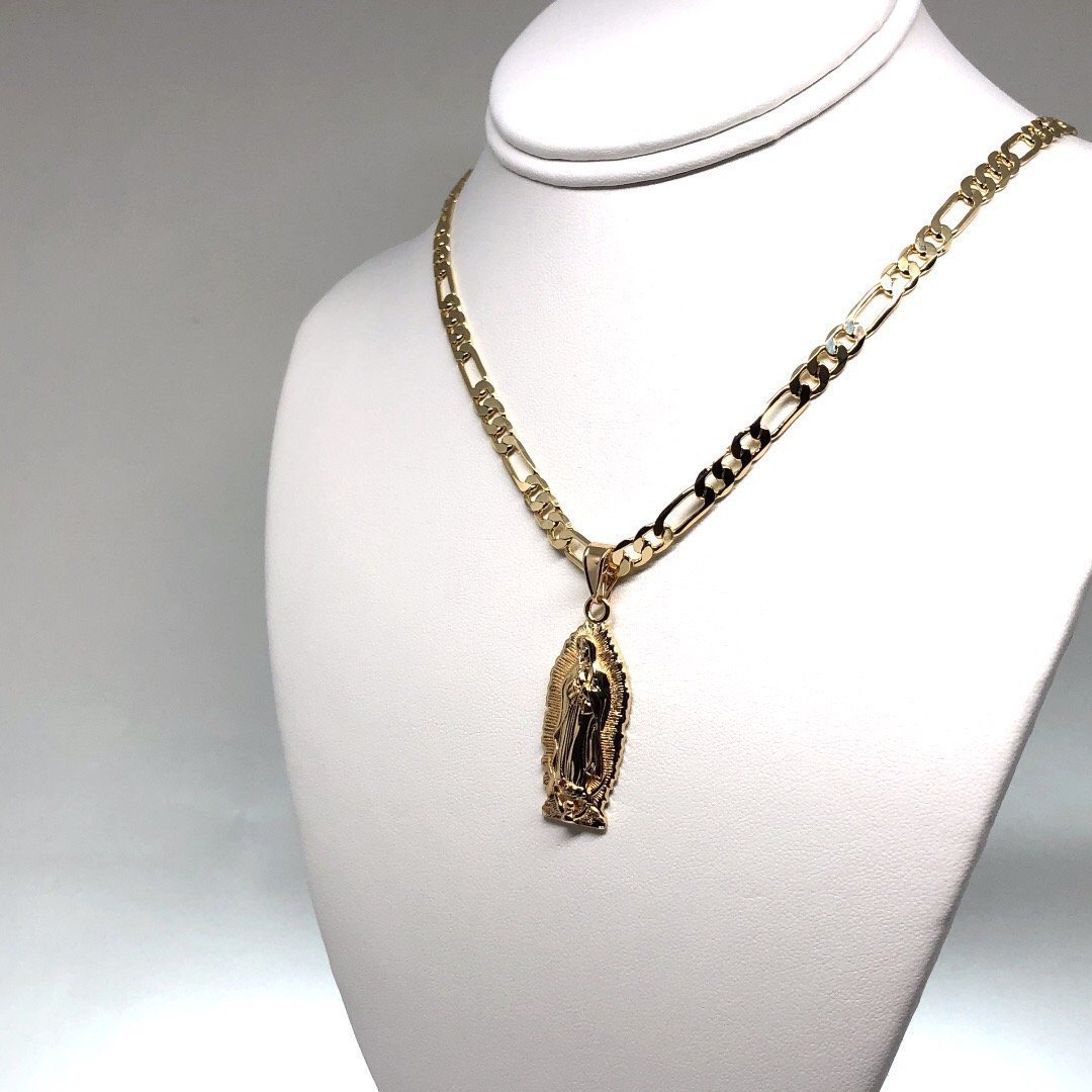 Gold Plated Virgin Mary Pendant Necklace Figaro 26" Virgen de Guadalupe Medalla Oro Laminado