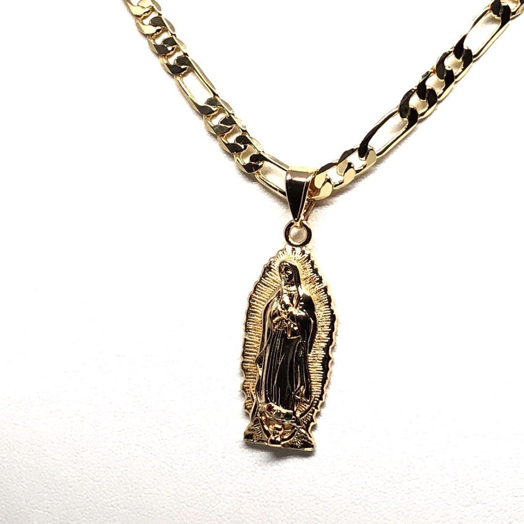 Gold Plated Virgin Mary Pendant Necklace Figaro 26" Virgen de Guadalupe Medalla Oro Laminado