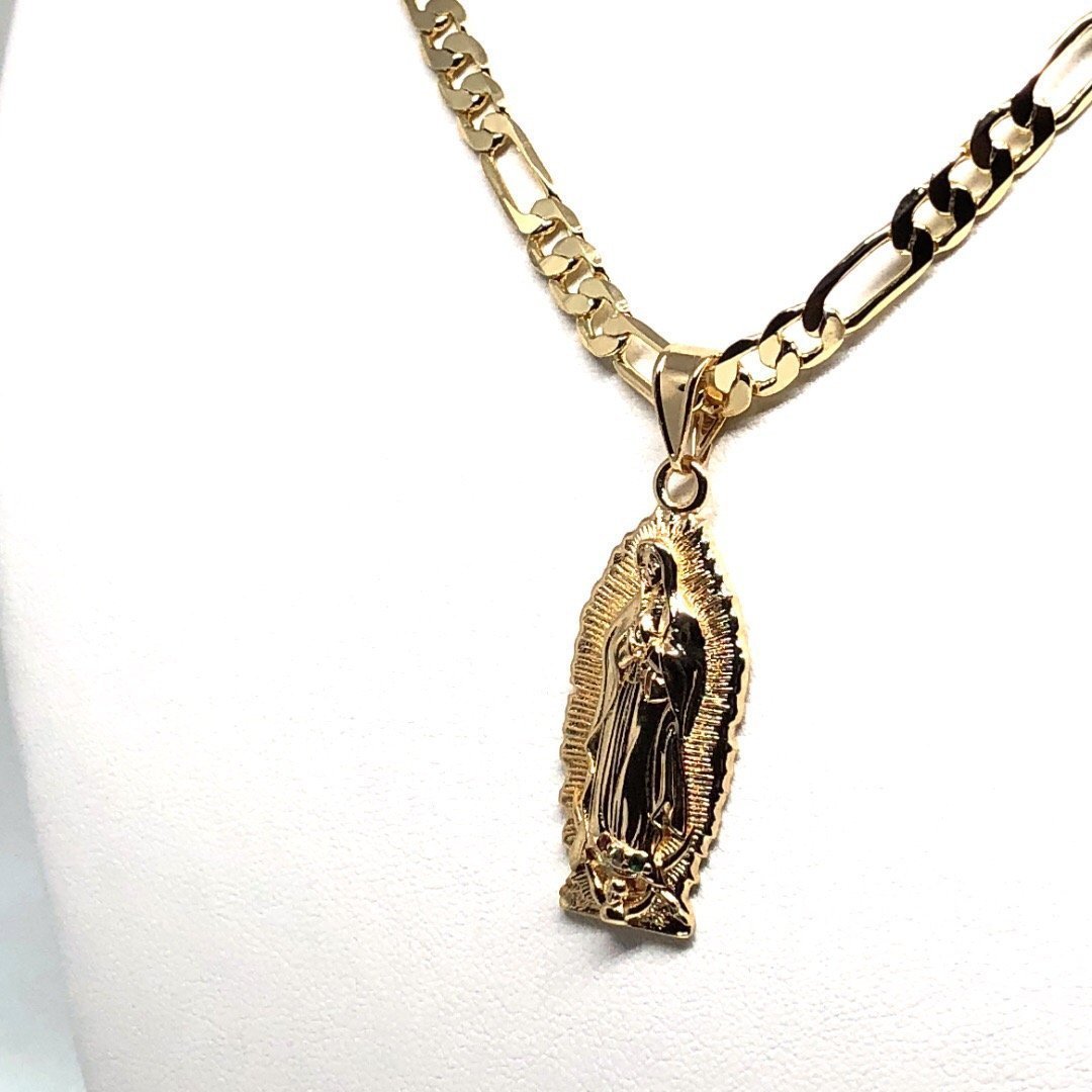 Gold Plated Virgin Mary Pendant Necklace Figaro 26" Virgen de Guadalupe Medalla Oro Laminado