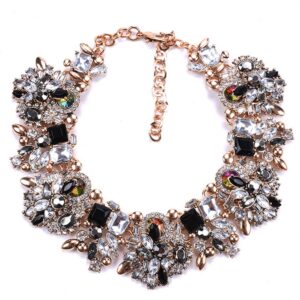 zthread rhinestone bib statement necklace vintage chunky chain choker collar necklace crystal beads women fashion jewelry necklace (black+white)