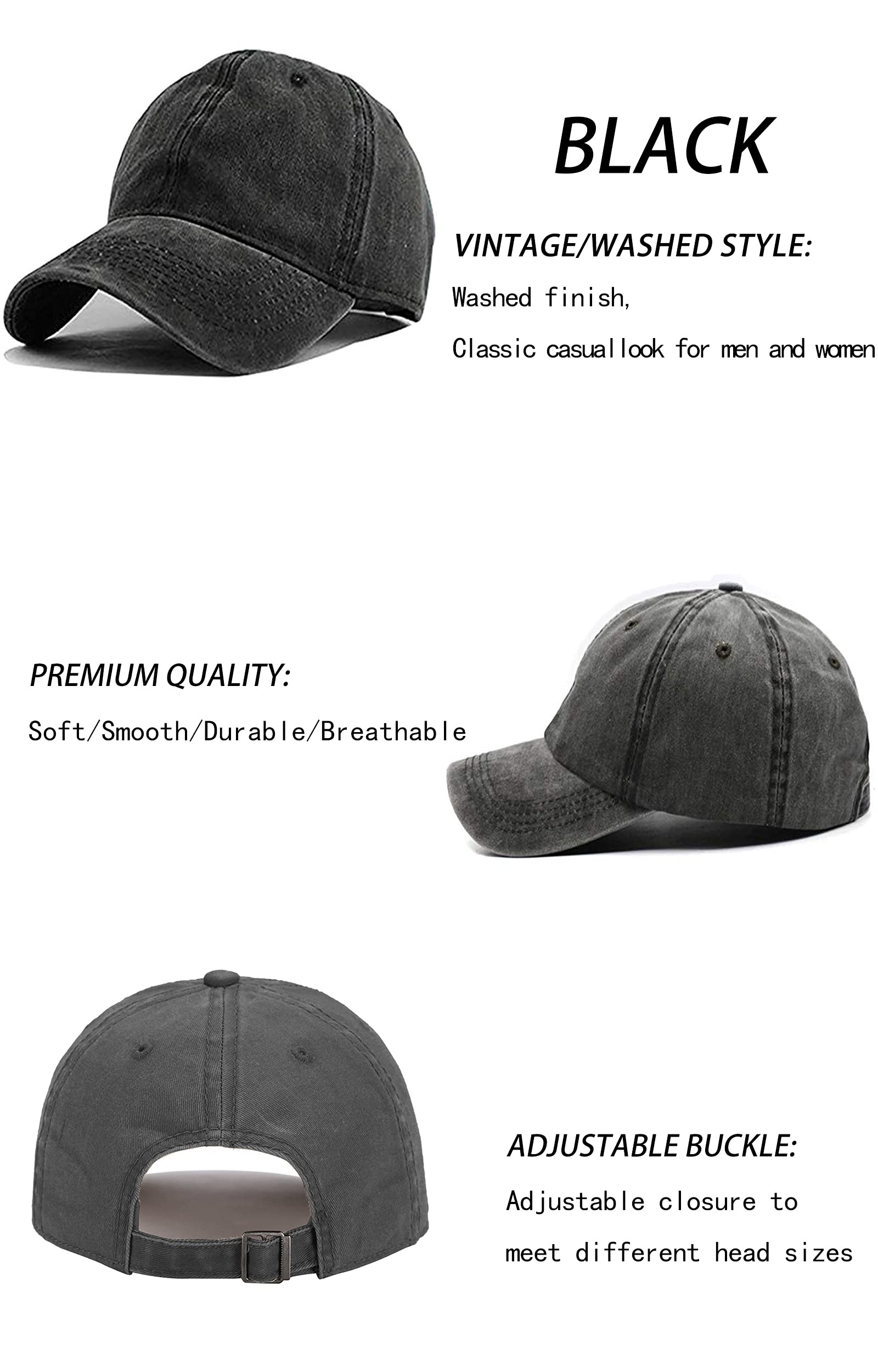 Unisex Vintage Washed Distressed Baseball Cap Twill Adjustable Dad Hat,G-black,One Size