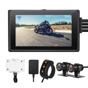 vsysto fish eye camera wifi motorcycle dash cam, 150° wide angle sonyimx307 lens, 3" ips screen wdr hd 1080p front & rear sports action camera dvr with gps, waterproof case, g-sensor loop recording