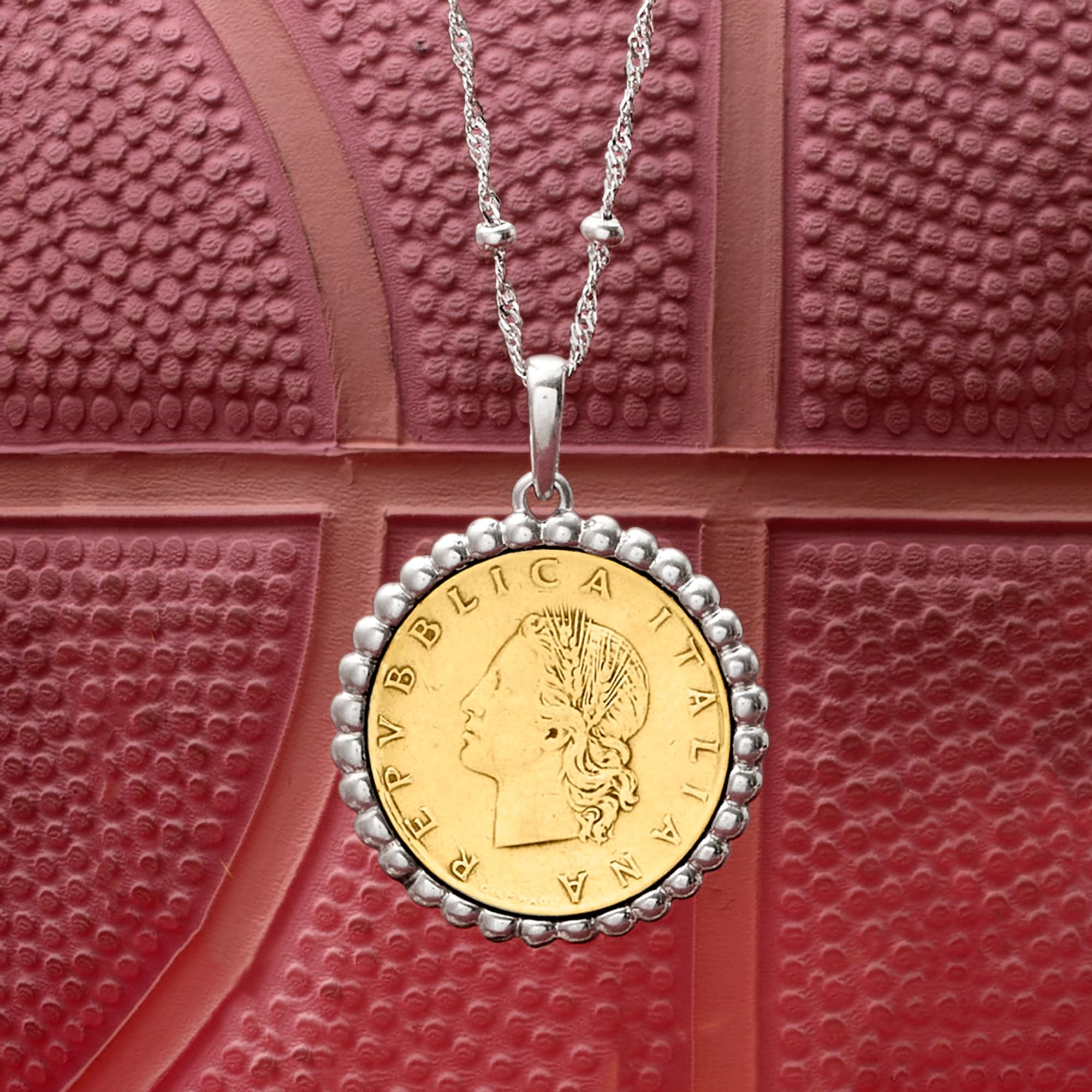 Ross-Simons Italian Genuine 20-Lira Coin Pendant Necklace in Sterling Silver. 18 inches