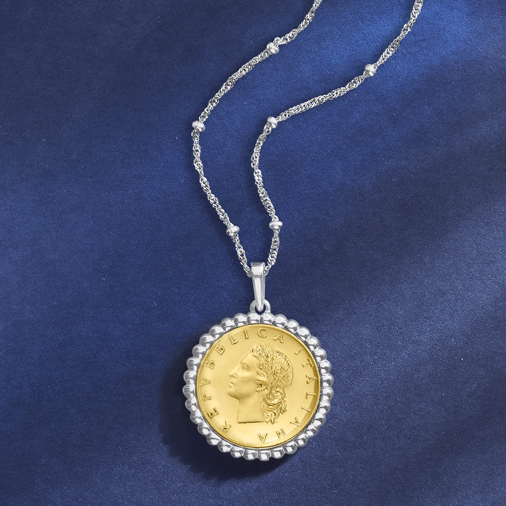 Ross-Simons Italian Genuine 20-Lira Coin Pendant Necklace in Sterling Silver. 18 inches