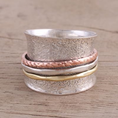 NOVICA Artisan Handmade .925 Sterling Silver Meditation Spinner Ring India with Copper Brass Metallic Tone Band [band Width 10 mm W] 'Stylish Textures'