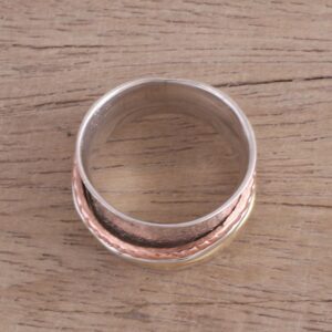 NOVICA Artisan Handmade .925 Sterling Silver Meditation Spinner Ring India with Copper Brass Metallic Tone Band [band Width 10 mm W] 'Stylish Textures'