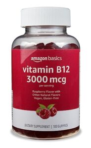 amazon basics vitamin b12 3000 mcg gummies, normal energy production and metabolism, immune system support, raspberry, 100 count (2 per serving) (previously solimo)