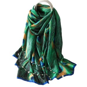 JLTPH Women Soft Scarves Green Peacock Feather Printing Scarf Sun Protection Shawl Wrap