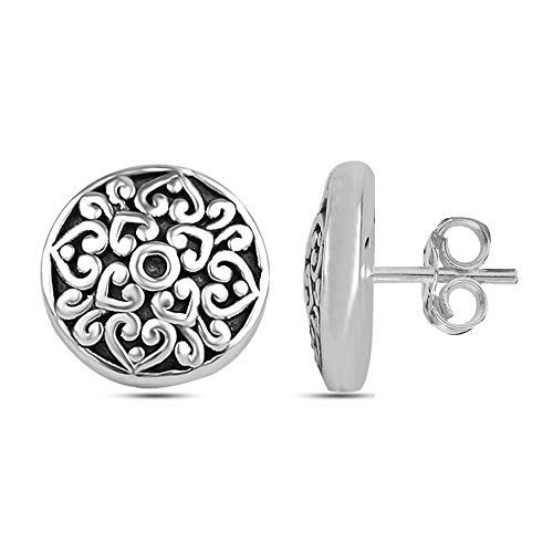 LeCalla Sterling Silver Jewelry Filigree Stud Earrings Lightweight Antique Round Filigree Cut Chunky Stud Earring for Women - 14mm