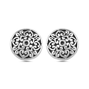 LeCalla Sterling Silver Jewelry Filigree Stud Earrings Lightweight Antique Round Filigree Cut Chunky Stud Earring for Women - 14mm