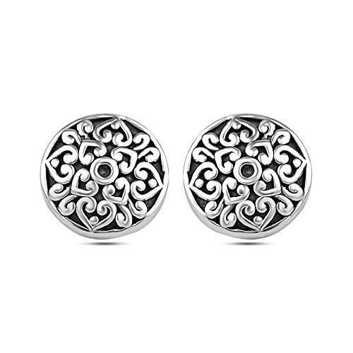 LeCalla Sterling Silver Jewelry Filigree Stud Earrings Lightweight Antique Round Filigree Cut Chunky Stud Earring for Women - 14mm