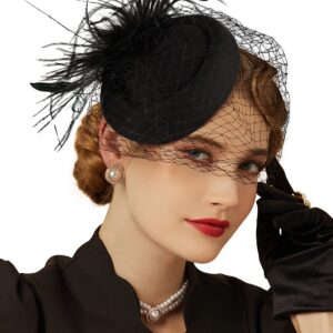 Cizoe Fascinators Hats 20s 50s Hat Pillbox Hat Cocktail Tea Party Headwear with Veil for Girls and Women(1-B1-black)