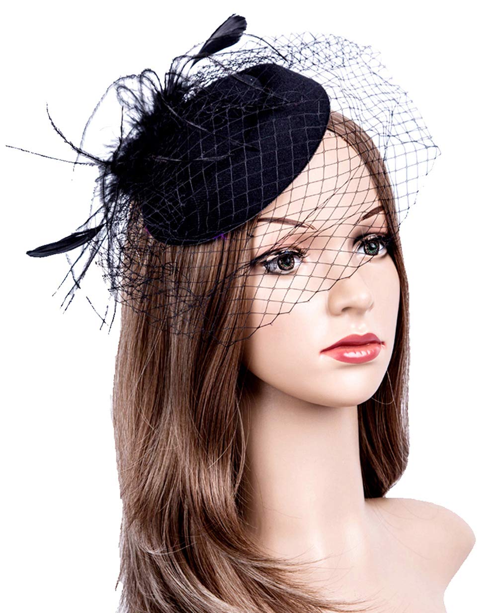 Cizoe Fascinators Hats 20s 50s Hat Pillbox Hat Cocktail Tea Party Headwear with Veil for Girls and Women(1-B1-black)