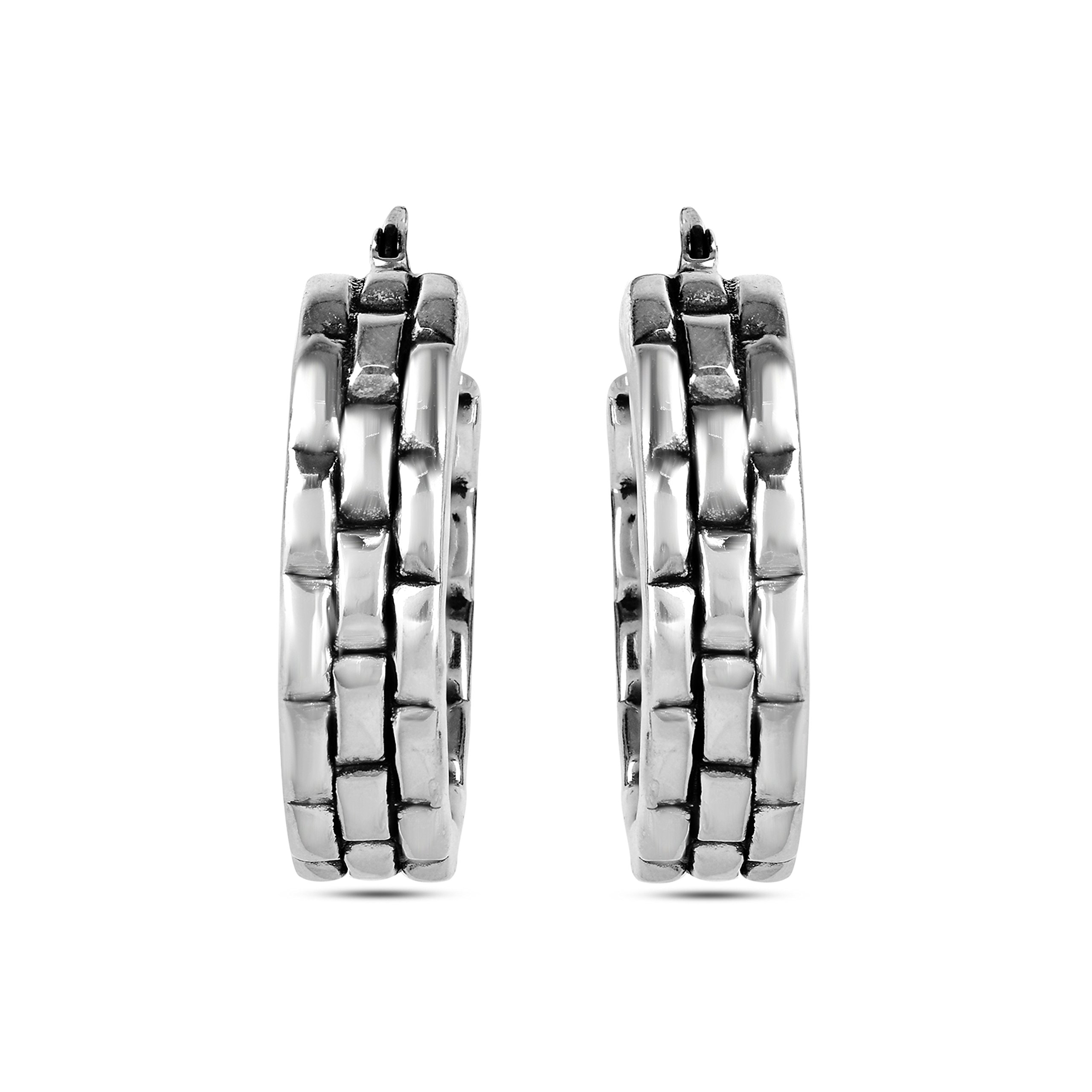 LeCalla Sterling Silver Jewelry Light-Weight Bricks Texture Antique Finish Hoop Earring for Women