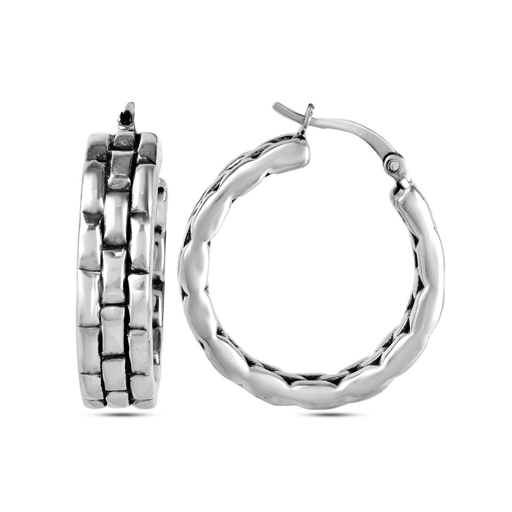 LeCalla Sterling Silver Jewelry Light-Weight Bricks Texture Antique Finish Hoop Earring for Women