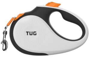 tug 360° tangle-free retractable dog leash with anti-slip handle | 16 ft strong nylon tape | one-handed brake, pause, lock (medium, white/orange)