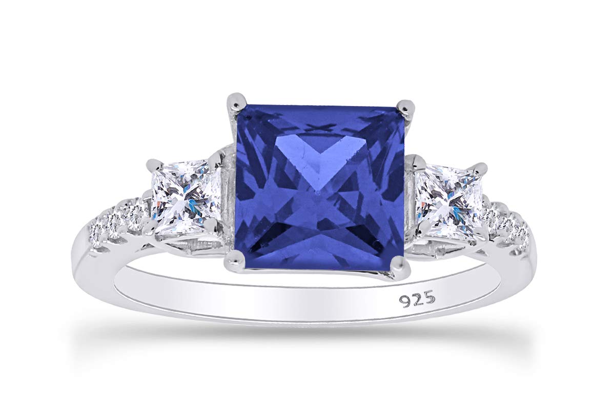 AFFY Princess Shape Simulated Blue Sapphire & White Cubic Zirconia Fashion Ring in 925 Sterling Silver Ring Size-9.5