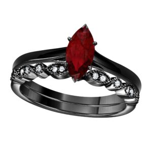 gems and jewels 1.00 ct marquise shape & round cut red ruby & white cz diamond 14k black gold plated art deco vintage design wedding bridal set engagement ring