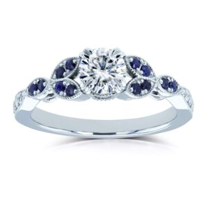 kobelli round moissanite with blue sapphire accents leafy engagement ring 5/8 ctw 14k white gold (gh/vs, gh/i), 5