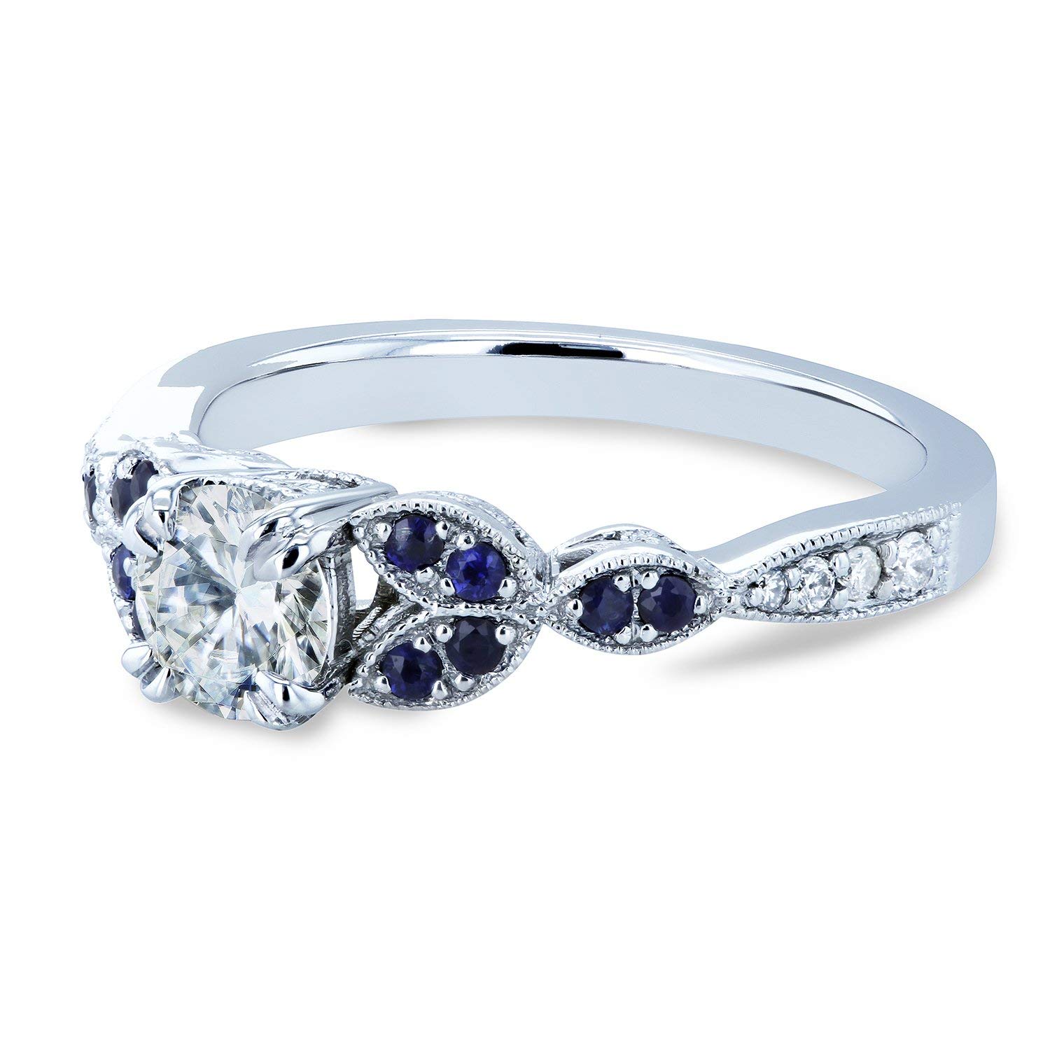 Kobelli Round Moissanite with Blue Sapphire Accents Leafy Engagement Ring 5/8 CTW 14k White Gold (GH/VS, GH/I), 5