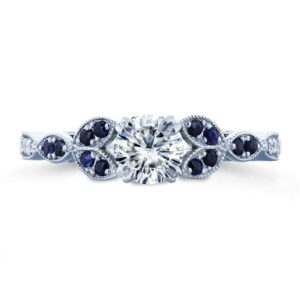 Kobelli Round Moissanite with Blue Sapphire Accents Leafy Engagement Ring 5/8 CTW 14k White Gold (GH/VS, GH/I), 5