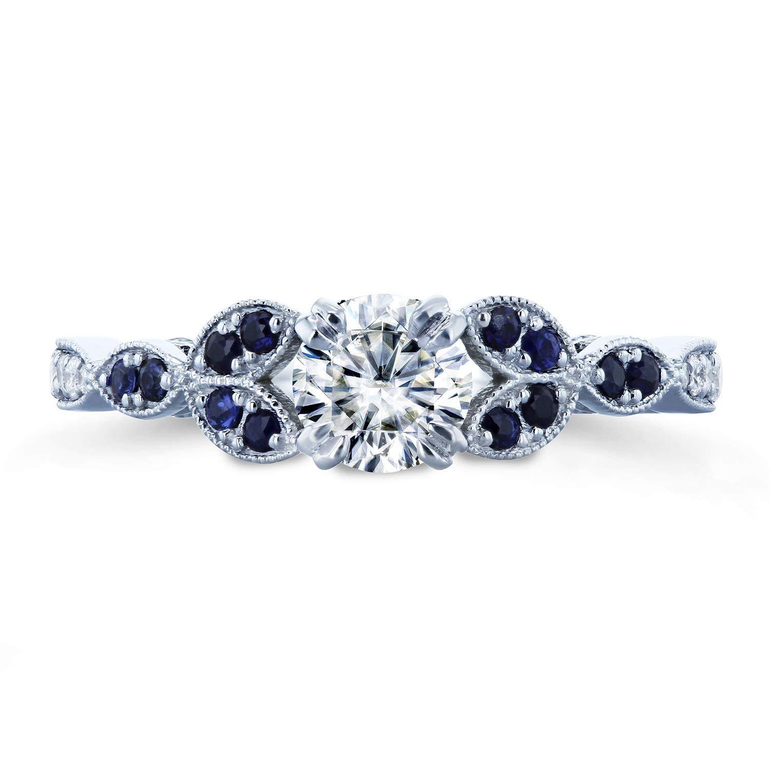 Kobelli Round Moissanite with Blue Sapphire Accents Leafy Engagement Ring 5/8 CTW 14k White Gold (GH/VS, GH/I), 5