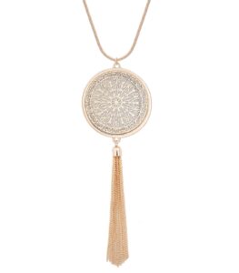 moloch long necklaces for woman disk circle pendant necklaces tassel fringe necklace set statement pendant (gold)