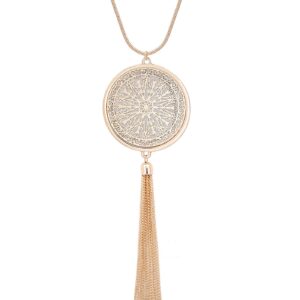 MOLOCH Long Necklaces for Woman Disk Circle Pendant Necklaces Tassel Fringe Necklace Set Statement Pendant (Gold)