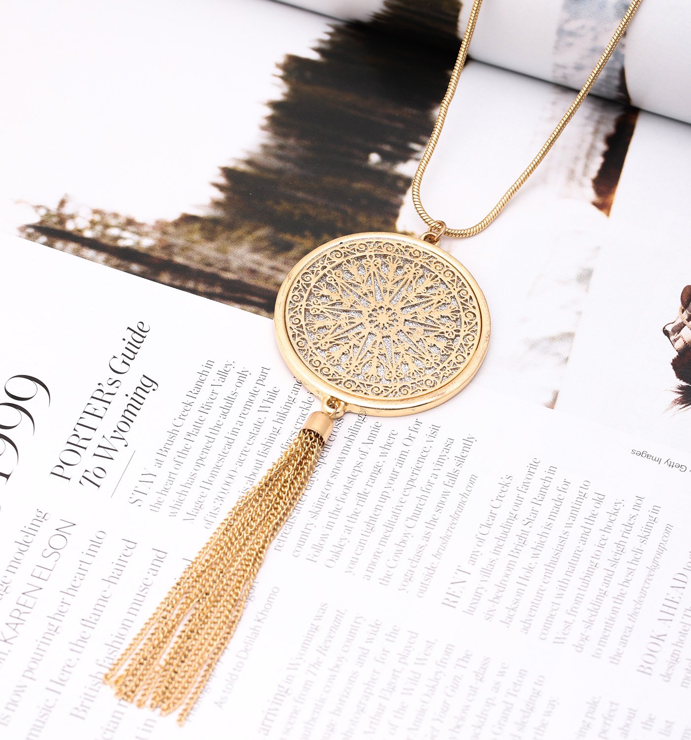 MOLOCH Long Necklaces for Woman Disk Circle Pendant Necklaces Tassel Fringe Necklace Set Statement Pendant (Gold)