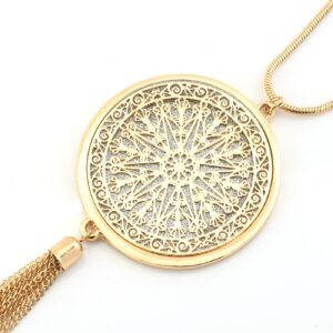 MOLOCH Long Necklaces for Woman Disk Circle Pendant Necklaces Tassel Fringe Necklace Set Statement Pendant (Gold)