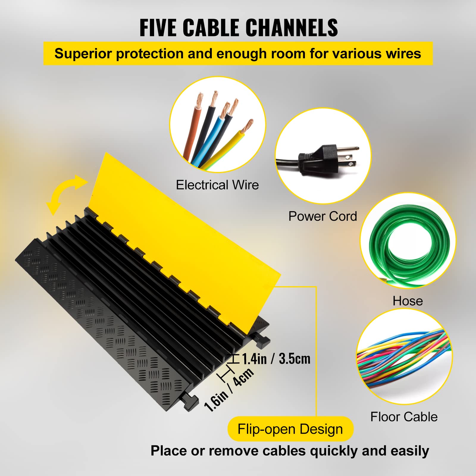 Happybuy 5 Channel Cable Protectors Extreme Rubber Cable Ramps Heavy Duty Protective Cable Wire Cord Ramp Driveway Rubber Traffic Speed Bumps Cable Protector