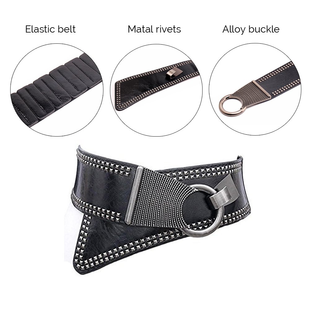 Women's Fashion Vintage Wide Waist Belt Elastic Stretch Cinch Belts With Interlock Buckle, Black, One Size