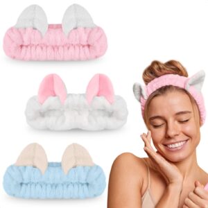 3pcs makeup headbands for women - make up headband plush spa headband adult cat ears headband soft skin care - stretch headbands for girls headband