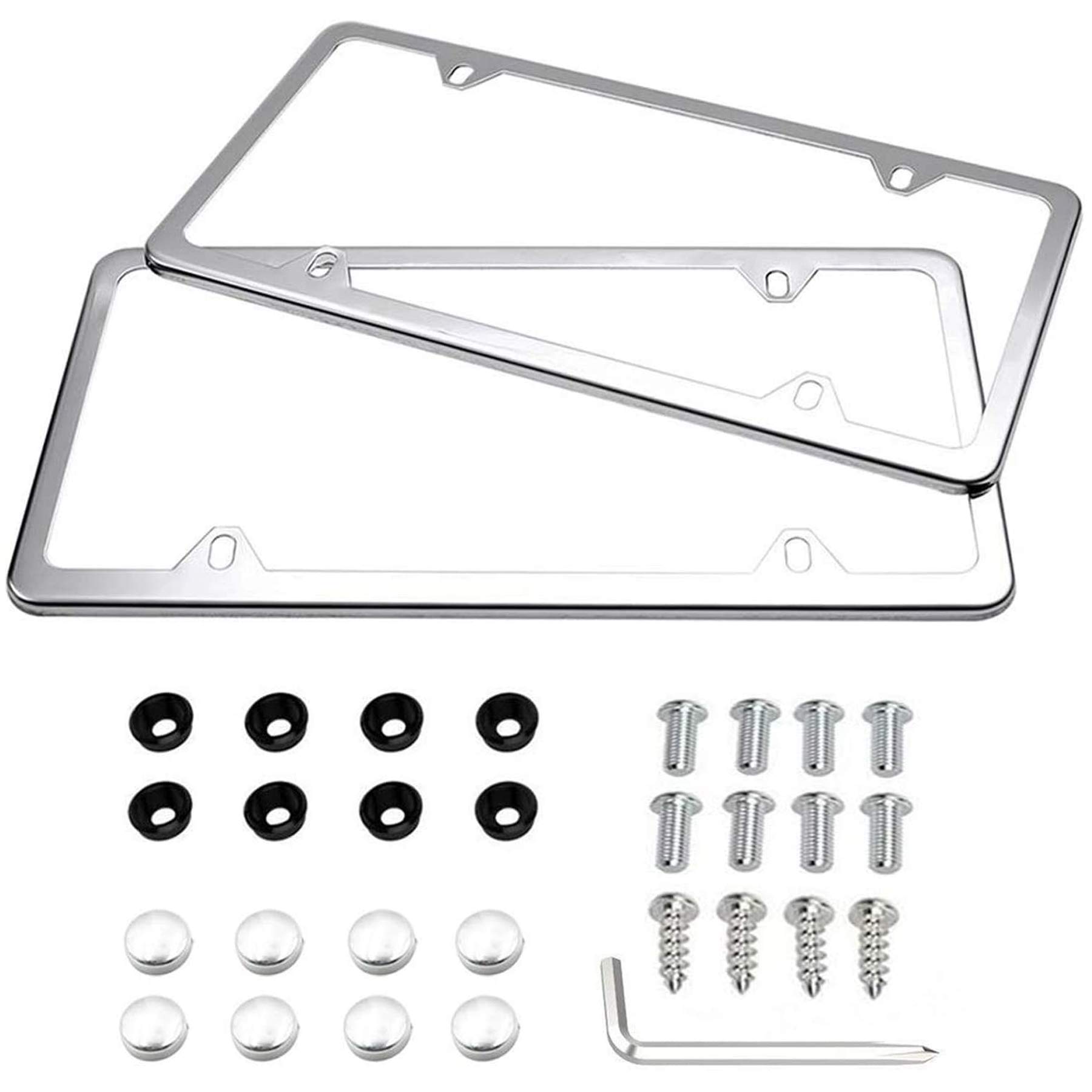 License Plate Frames, Indeed BUY 2 Pcs 4 Holes Slim Stainless Steel Polish Mirror License Plate Frame and Chrome Screw Caps