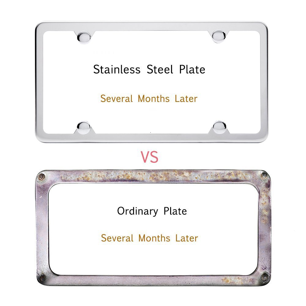 License Plate Frames, Indeed BUY 2 Pcs 4 Holes Slim Stainless Steel Polish Mirror License Plate Frame and Chrome Screw Caps