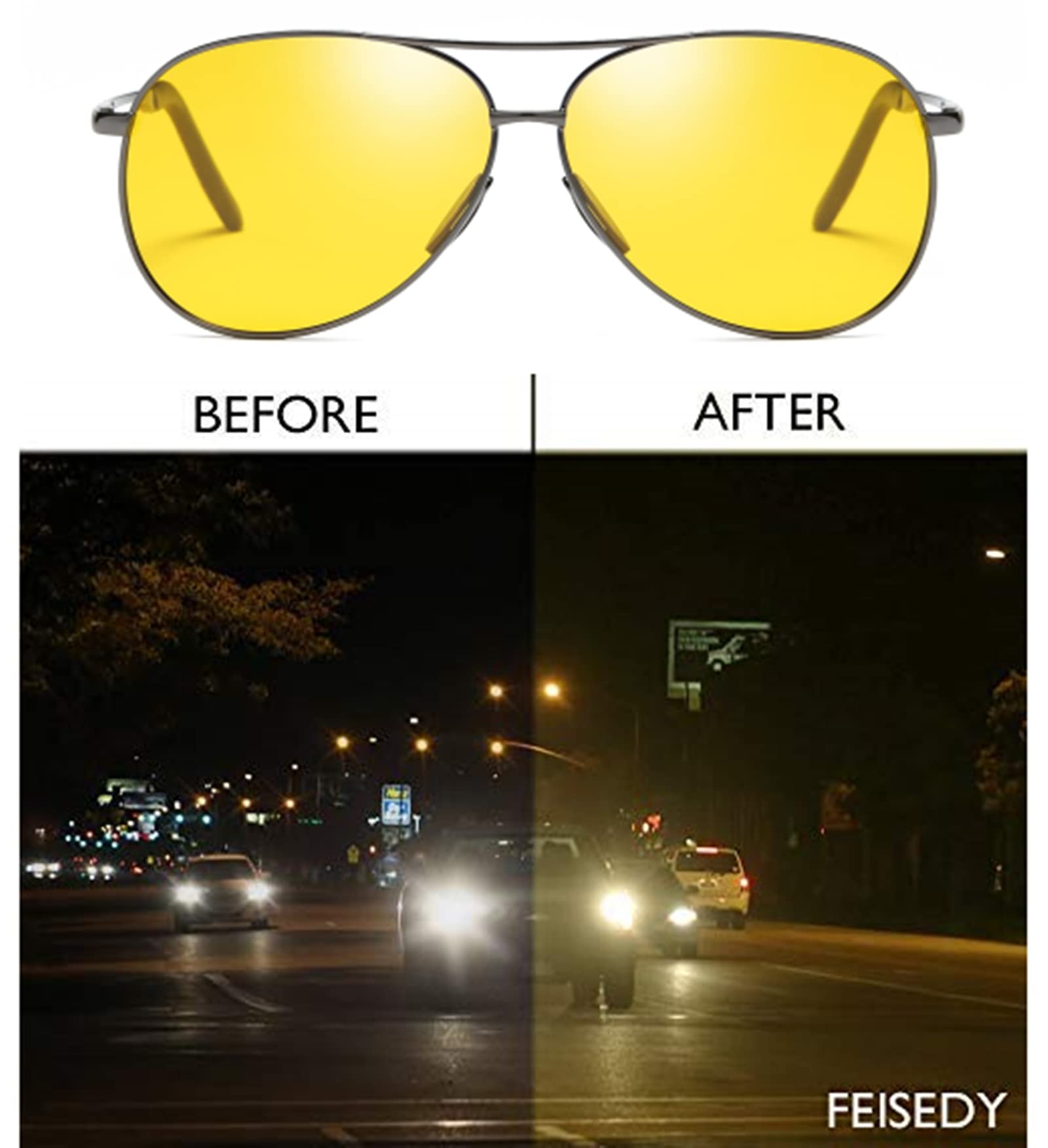 FEISEDY Night Driving Glasses Night Vision Aviator Reduce Glare Eyewear with Spring Hinge for Men Women B2294