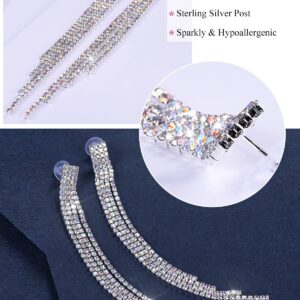 FOCALOOK Rhinestone Earrings for Women Sparkly Prom Earrings Long Dangle Drop Iridescent Earrings