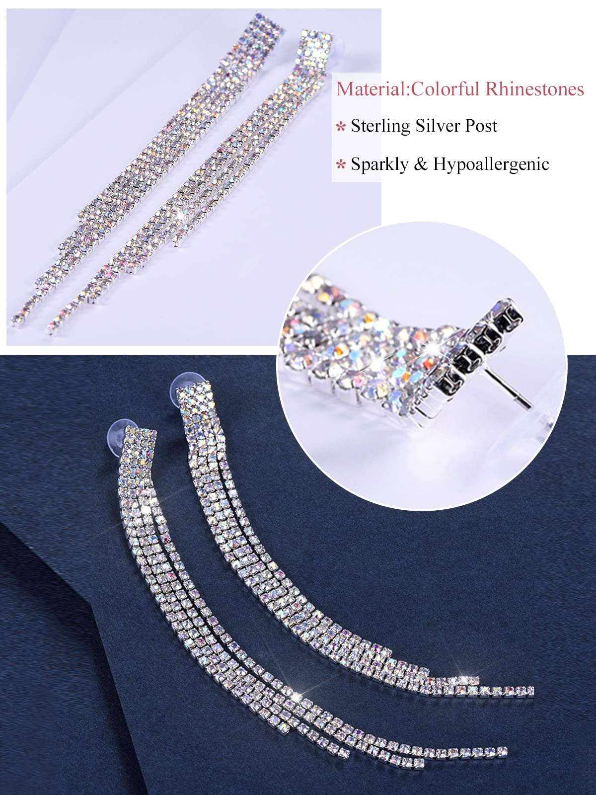 FOCALOOK Rhinestone Earrings for Women Sparkly Prom Earrings Long Dangle Drop Iridescent Earrings