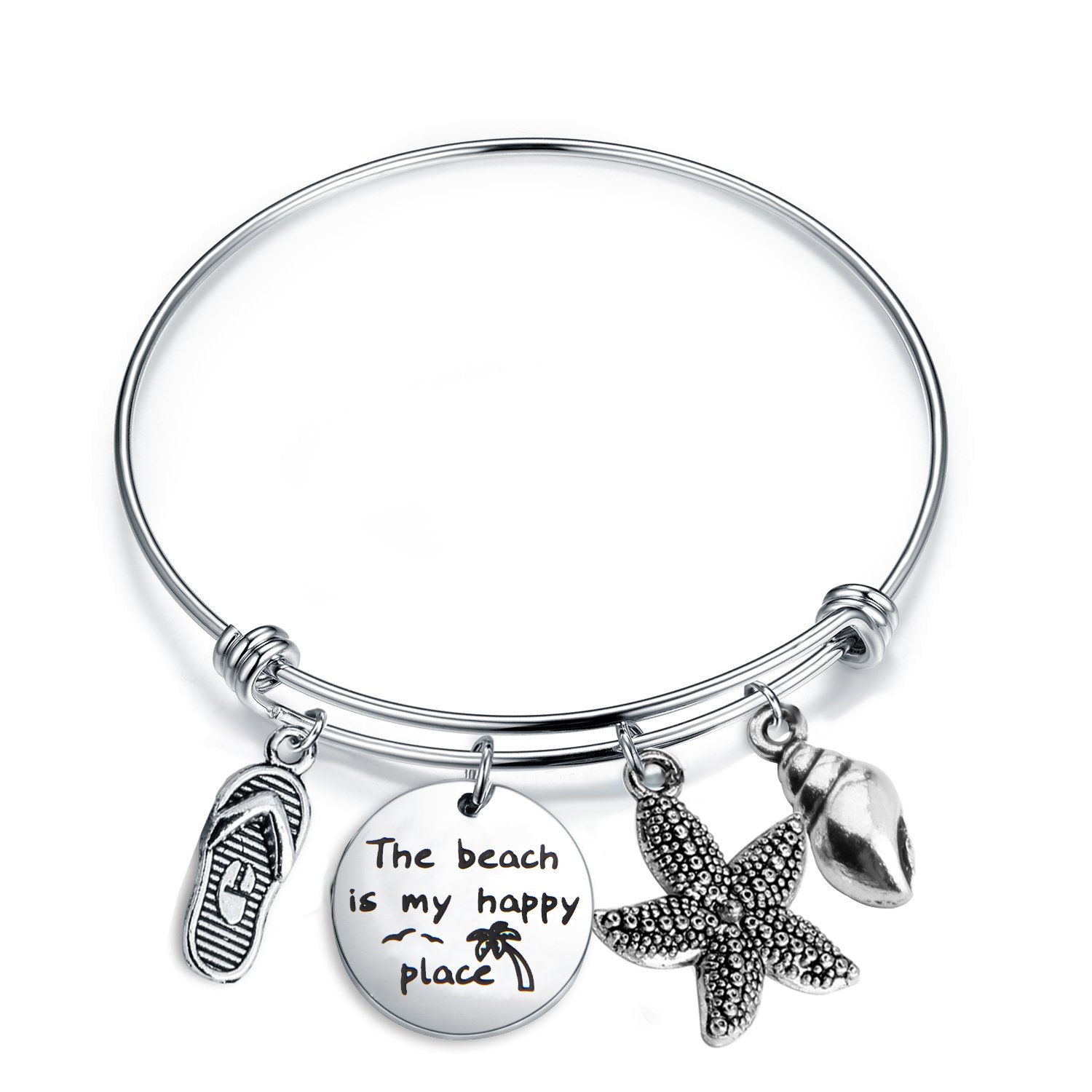 SEIRAA The Beach is My Happy Place Bracelet Expandable Stainless Steel Bangle Beach Jewelry For Beach Lover (Happy place)