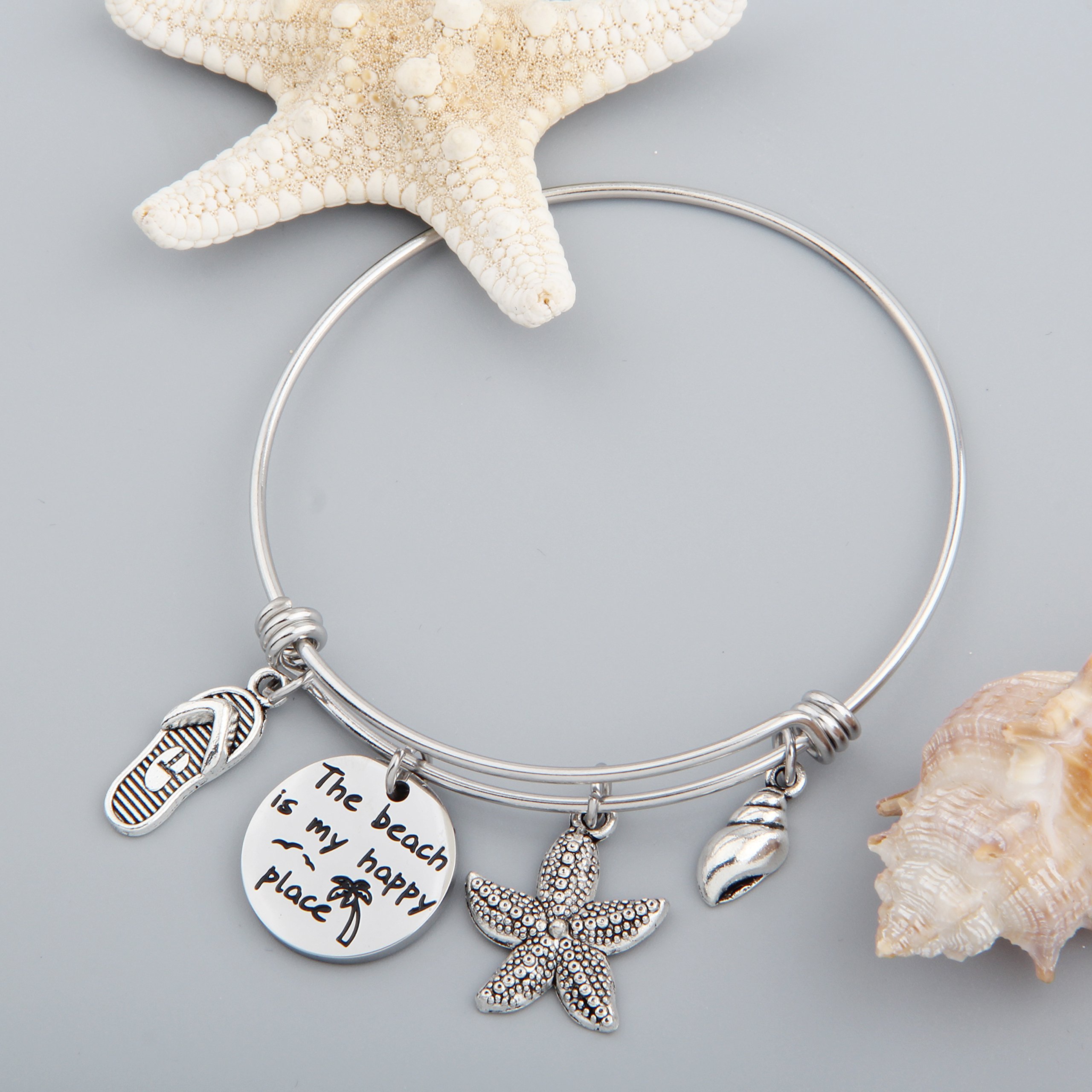 SEIRAA The Beach is My Happy Place Bracelet Expandable Stainless Steel Bangle Beach Jewelry For Beach Lover (Happy place)