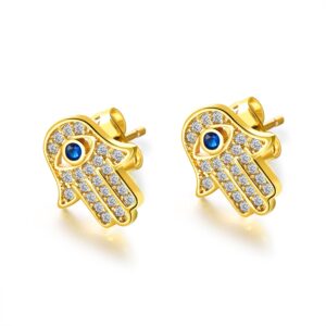 yellow gold/white gold plated evil eye and hamsa hand of fatima white blue cubic zircon crystal stud earrings for women teen girls (yellow gold)